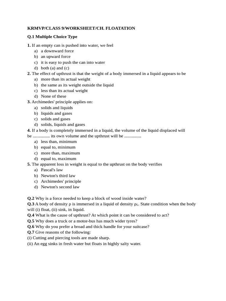Class 9 Flotation Worksheet | PDF