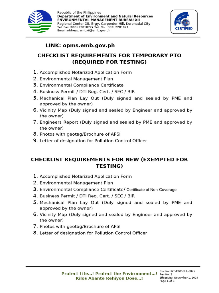 Temporary PTO Checklist Philippines | PDF | Pollution | Environmental ...