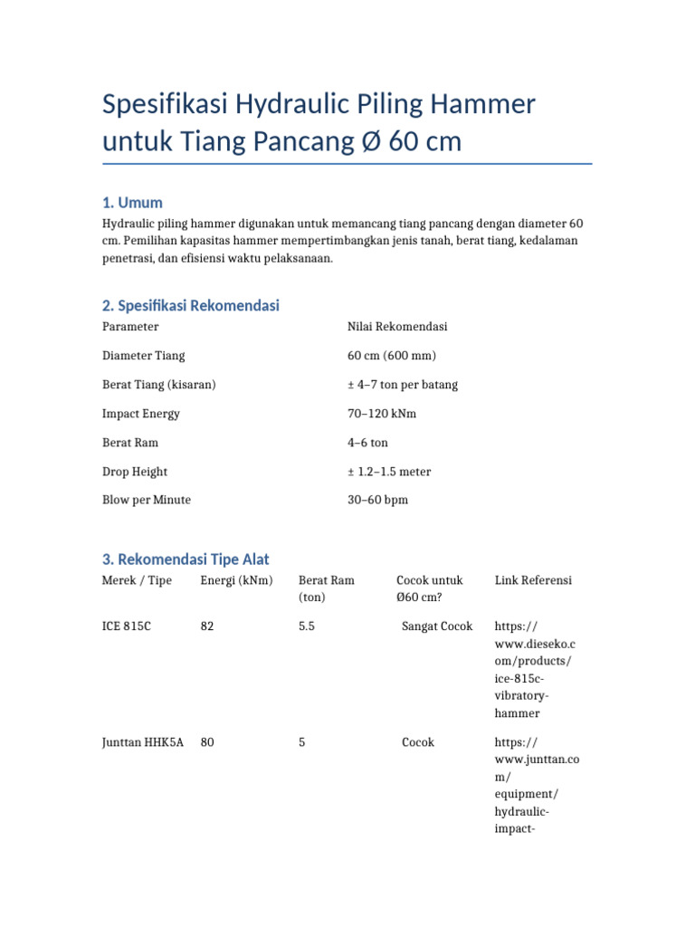 Spesifikasi Hammer Pancang Hidrolik Ø60 cm | PDF