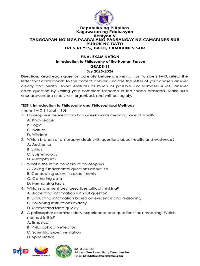 Grade 11 Philosophy Final Exam Guide | PDF | Knowledge | Philosophical ...
