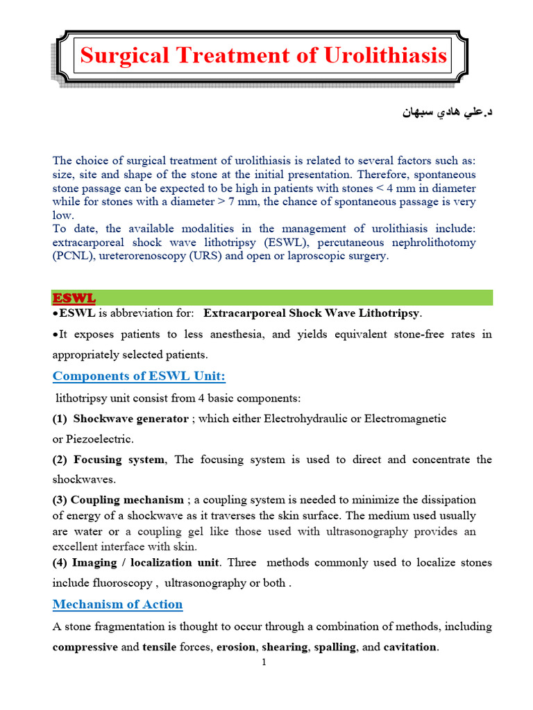 Urolithiasis Treatment: ESWL & Surgery Options | PDF | Medical ...