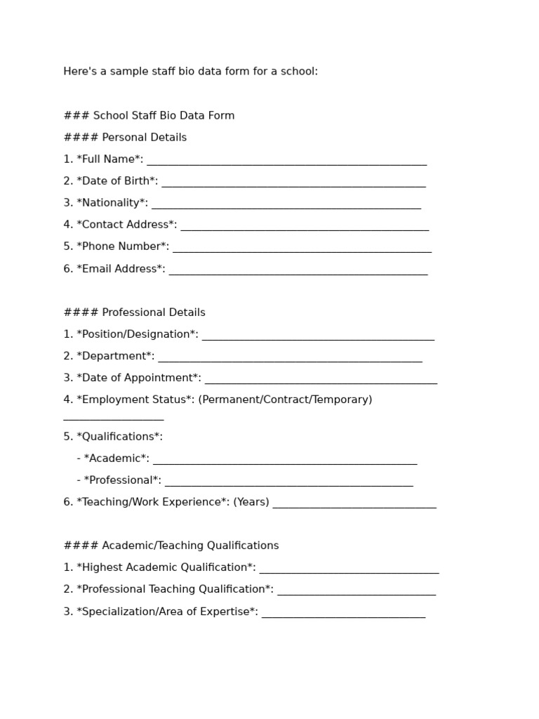 School Staff Bio Data Form Template | PDF