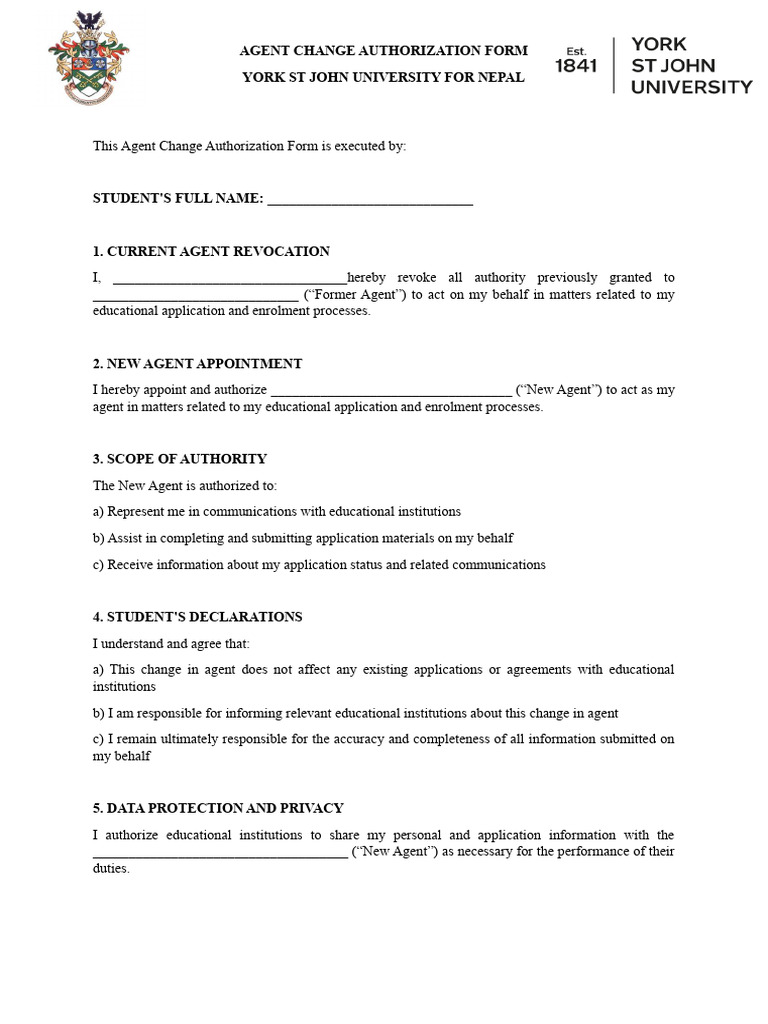 York ST John University - Agent Change Authorization Form | PDF