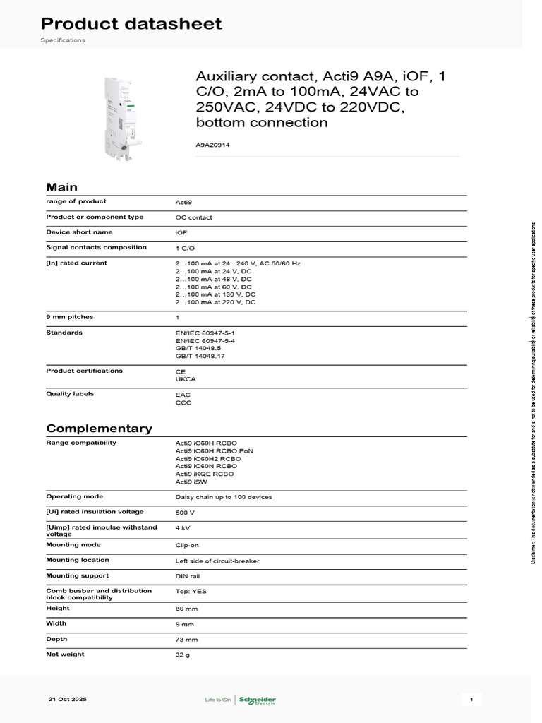 Schneider Electric Acti 9 Indication and Tripping Auxiliaries A9A26914 ...