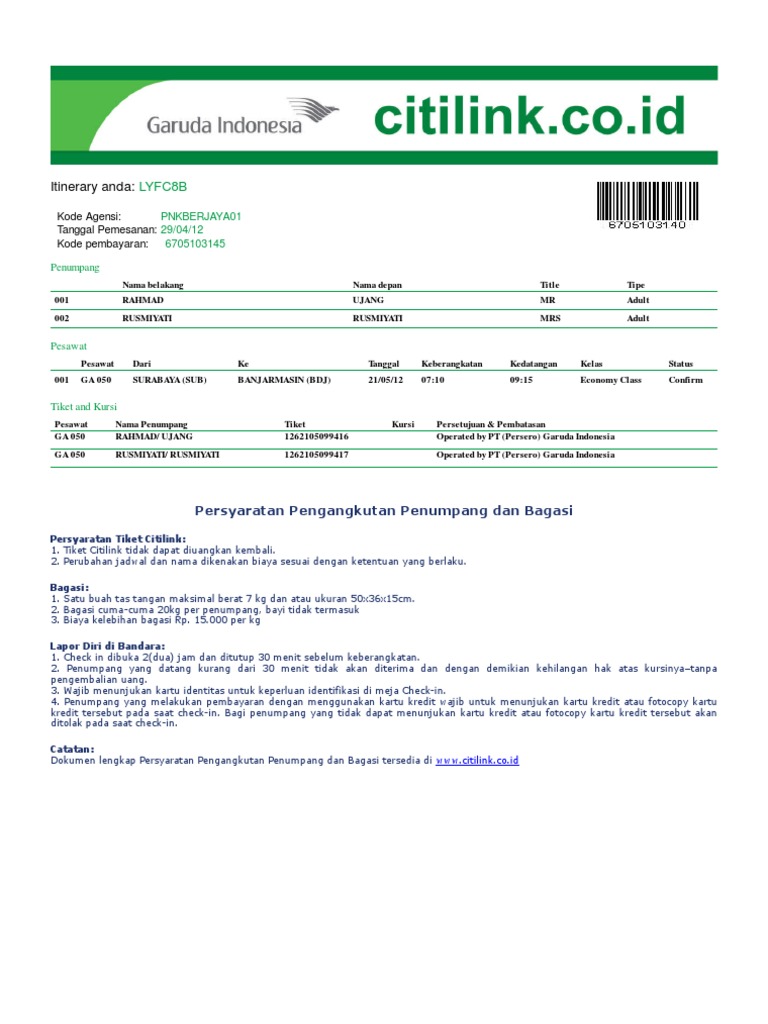 Citilink E Ticket | PDF