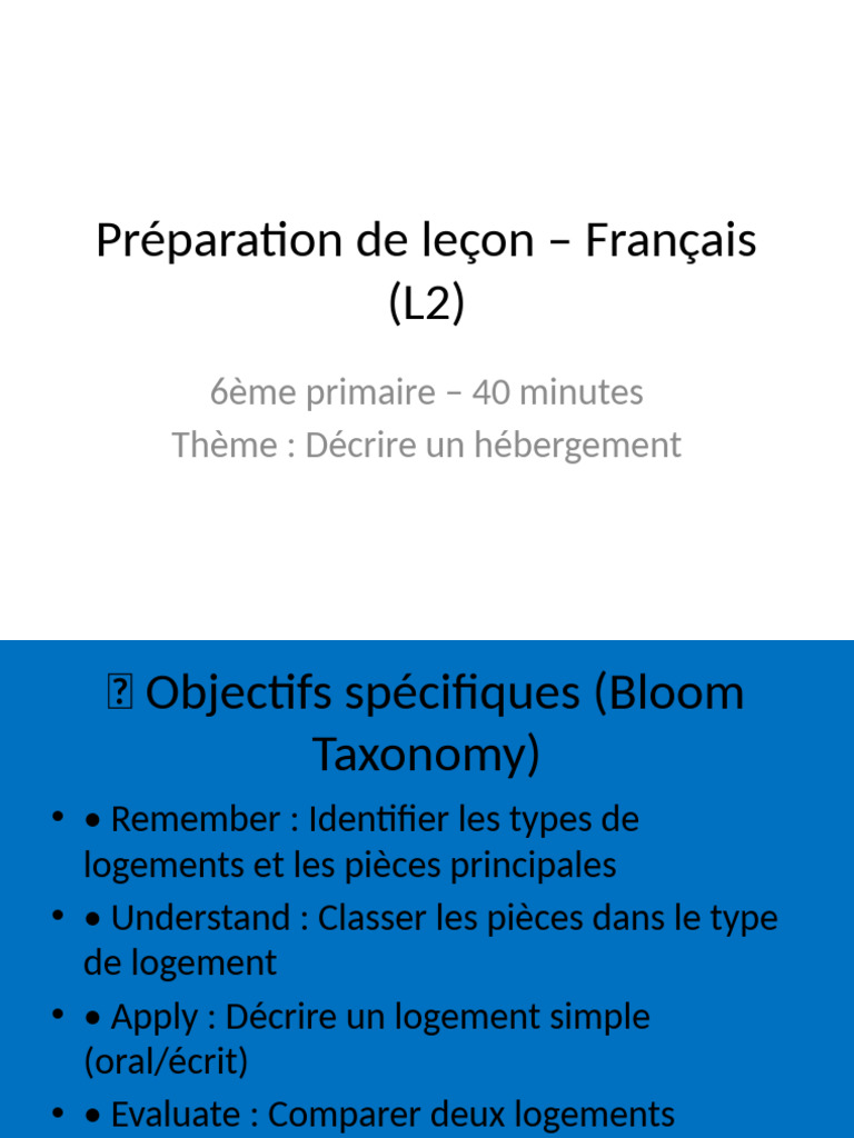 Leçon de Français : Décrire un Hébergement | PDF