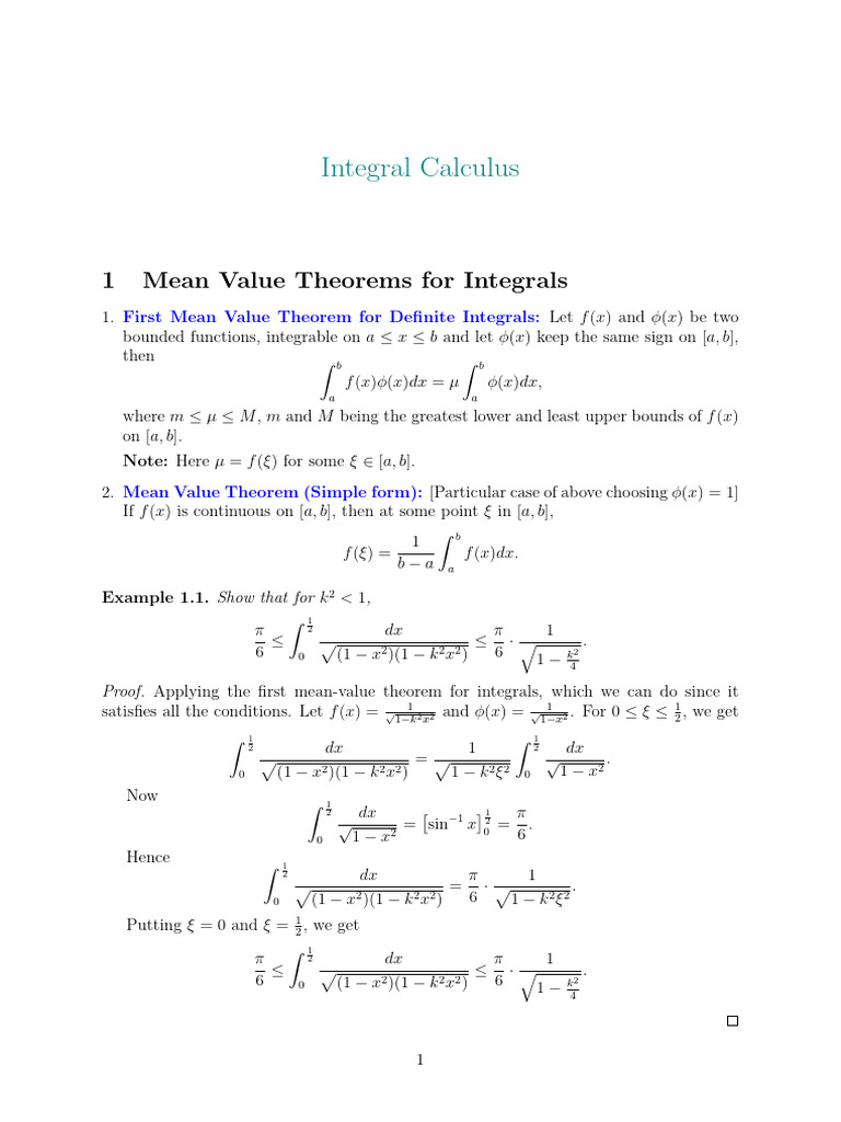 Integral Calculus: Mean Value Theorems & Convergence Tests | PDF ...