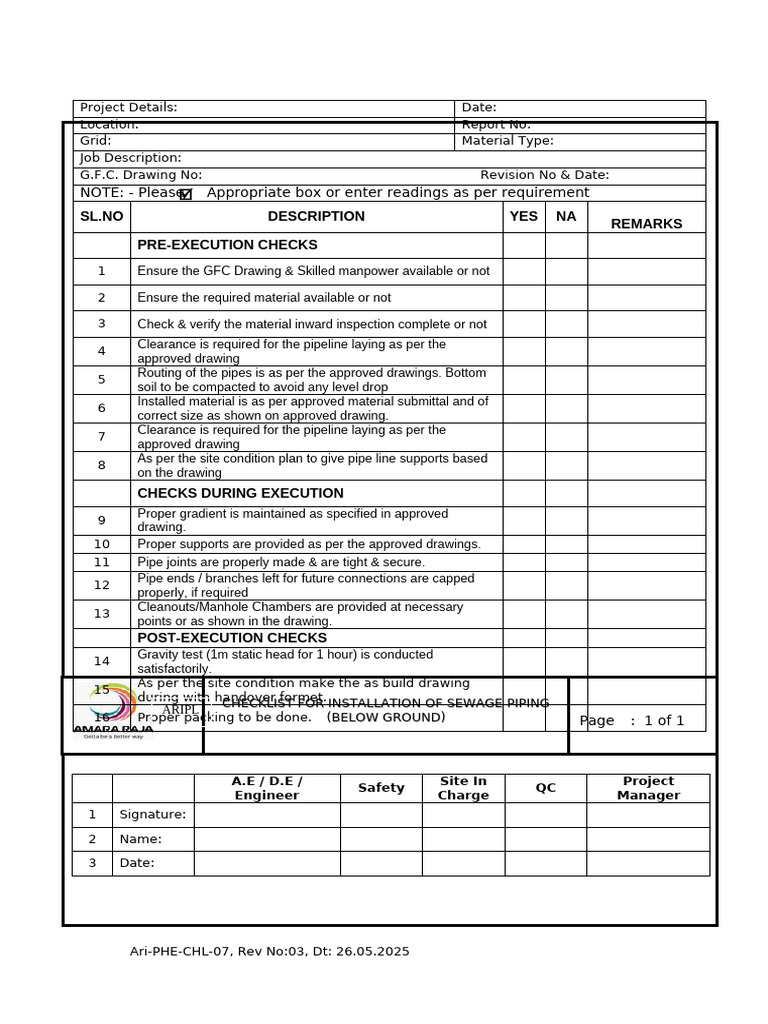 Sewage Piping Installation Checklist | PDF