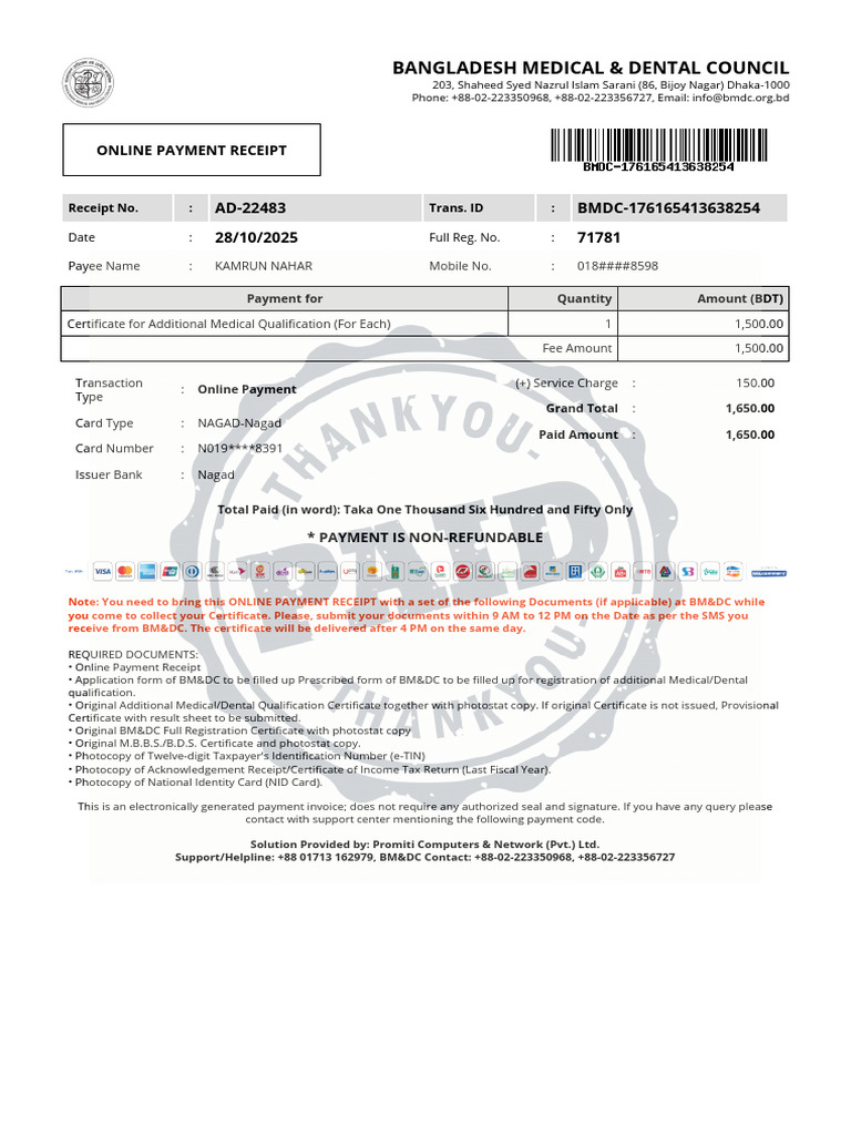 BMDC Online Payment Receipt Guide | PDF | Payments | Receipt