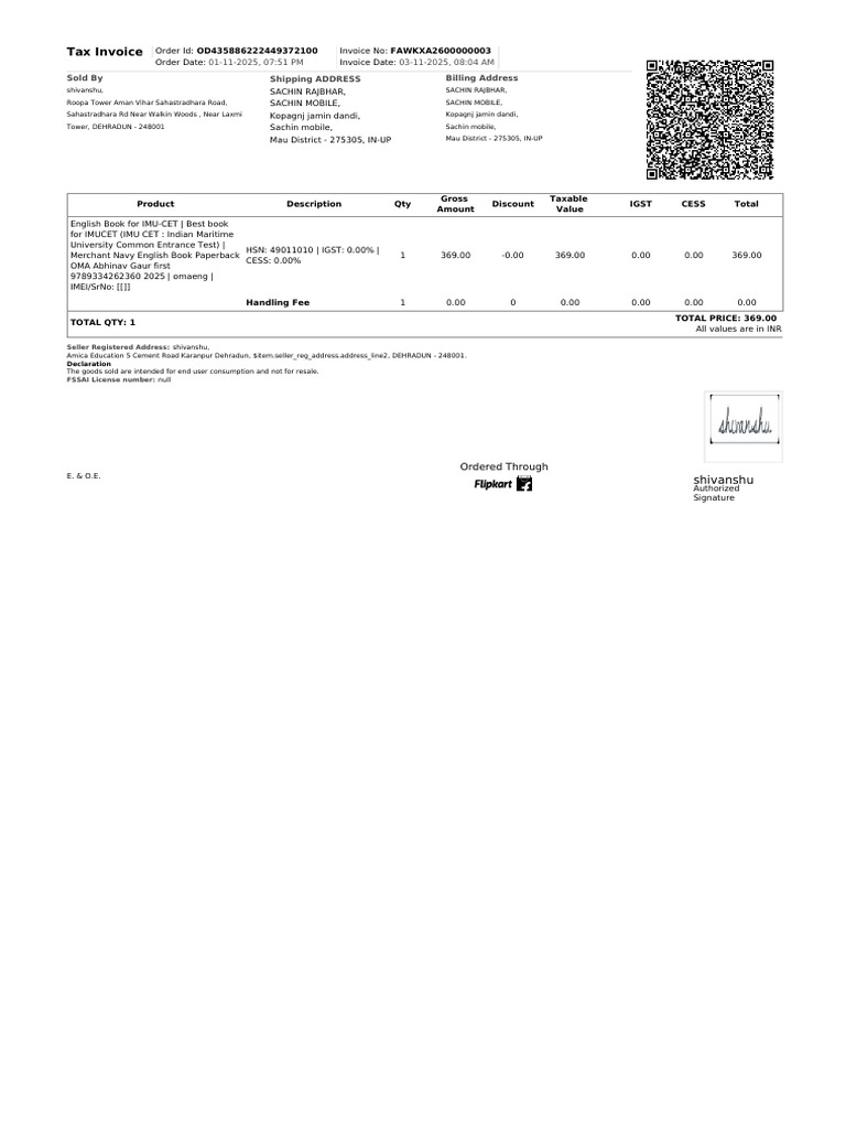 Tax Invoice for English Book Purchase | PDF | Taxes | Payments