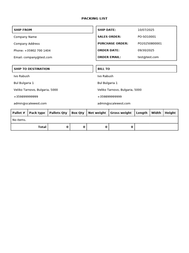 Shipping Packing List for Order PO-SO10001 | PDF