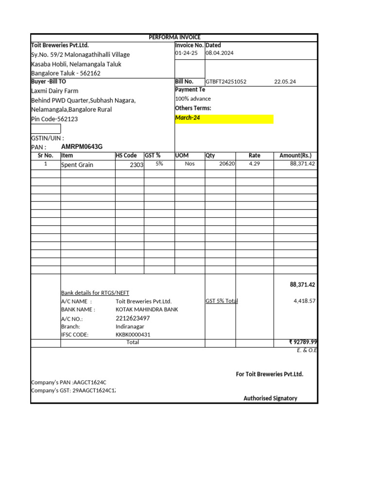 Proforma Invoice 2024-25 (2) (2) | PDF | Invoice | Brewing