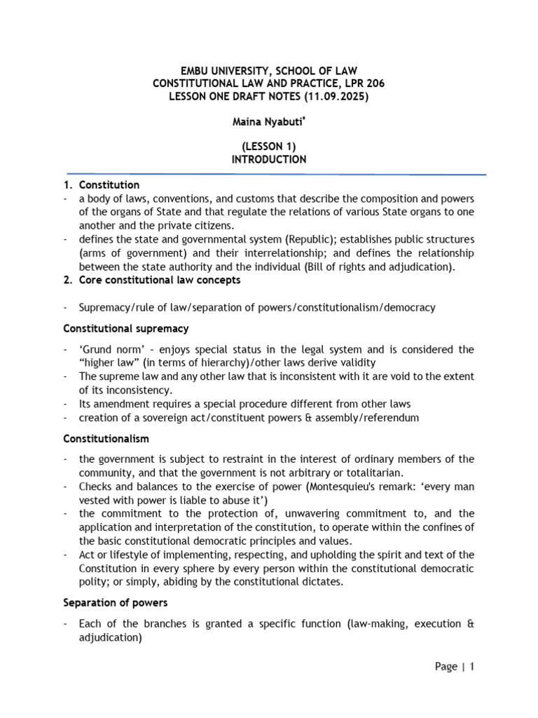 Maina's Constitutional Law & Practice Draft Notes (Lesssons 1-7) Y2S1 ...