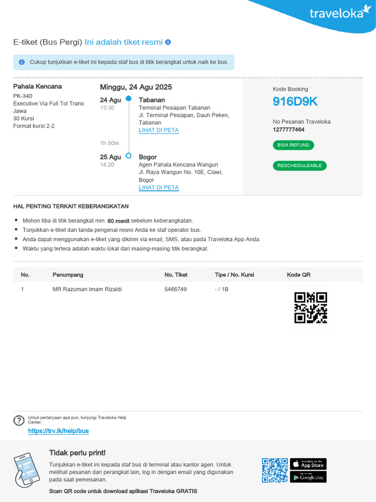 E-Tiket Bus: Refund & Reschedule Info | PDF