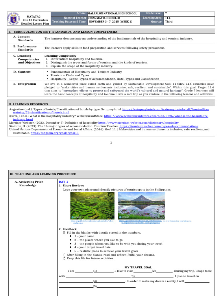 DLP Matatag - Tle 7 Q3 W1 Done | PDF | Tourism | Teachers