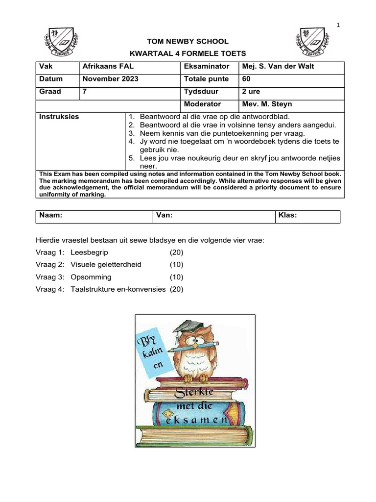 Grade 7 Afrikaans Script November 2023 Tom Newby School | PDF