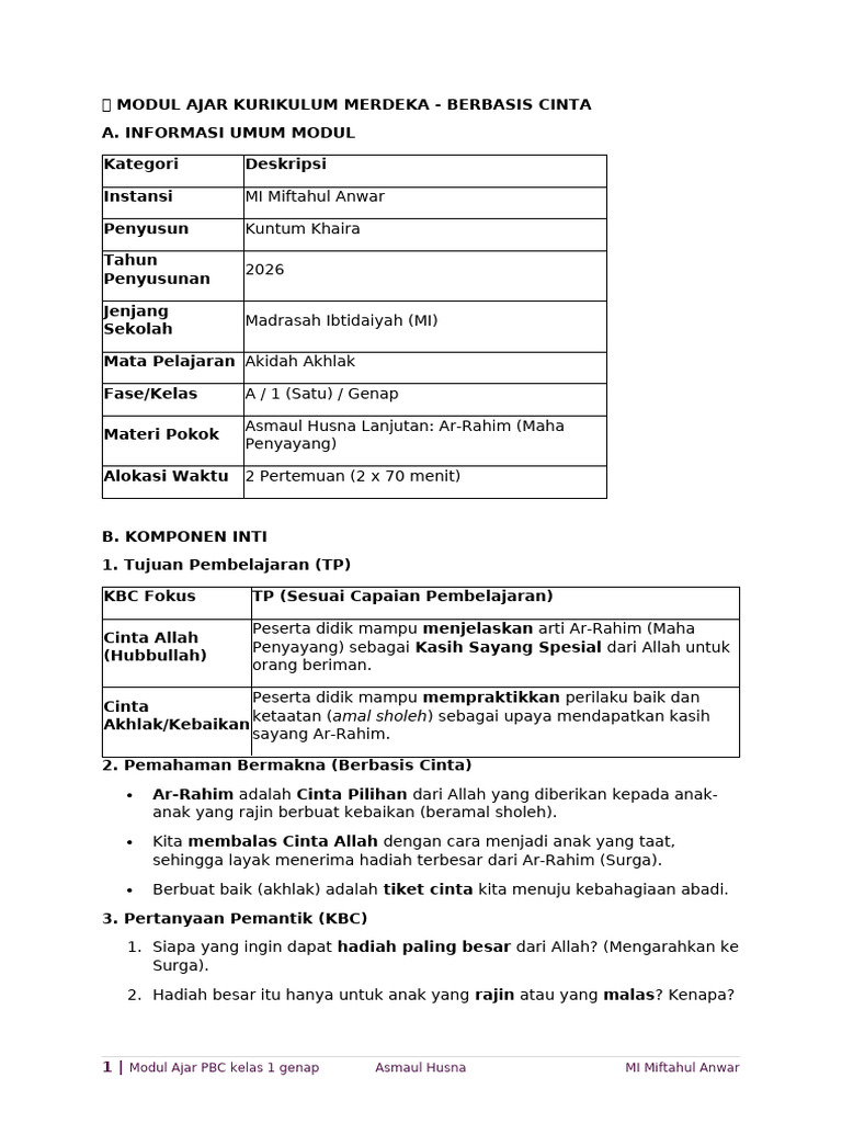 ? 01 - MODUL AJAR - KURIKULUM MERDEKA Berbasis Cinta Asmaul Husna LAnjutan Genap | PDF
