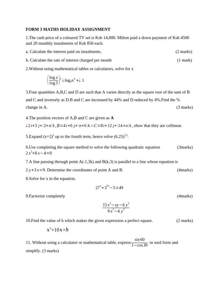 Form 3 Maths Holiday Assignment | PDF | Mathematics