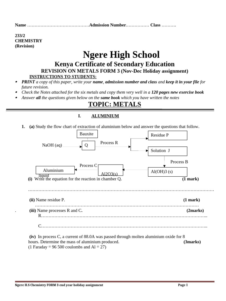 Form 3 Chemistry Holiday Asign (Metals Revision) | PDF | Aluminium | Copper