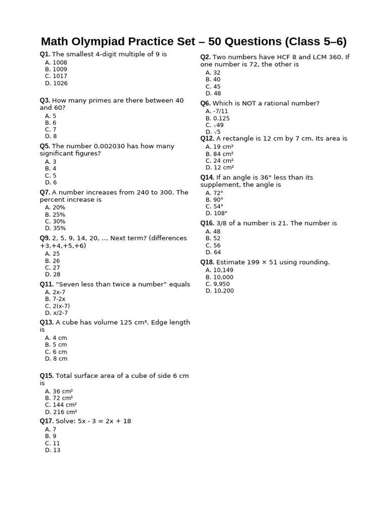 Math Olympiad Practice: 50 Questions | PDF | Area | Length
