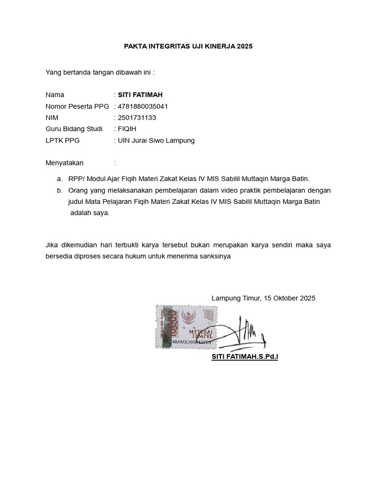 Pakta Integritas Uji Kinerja 2025 | PDF