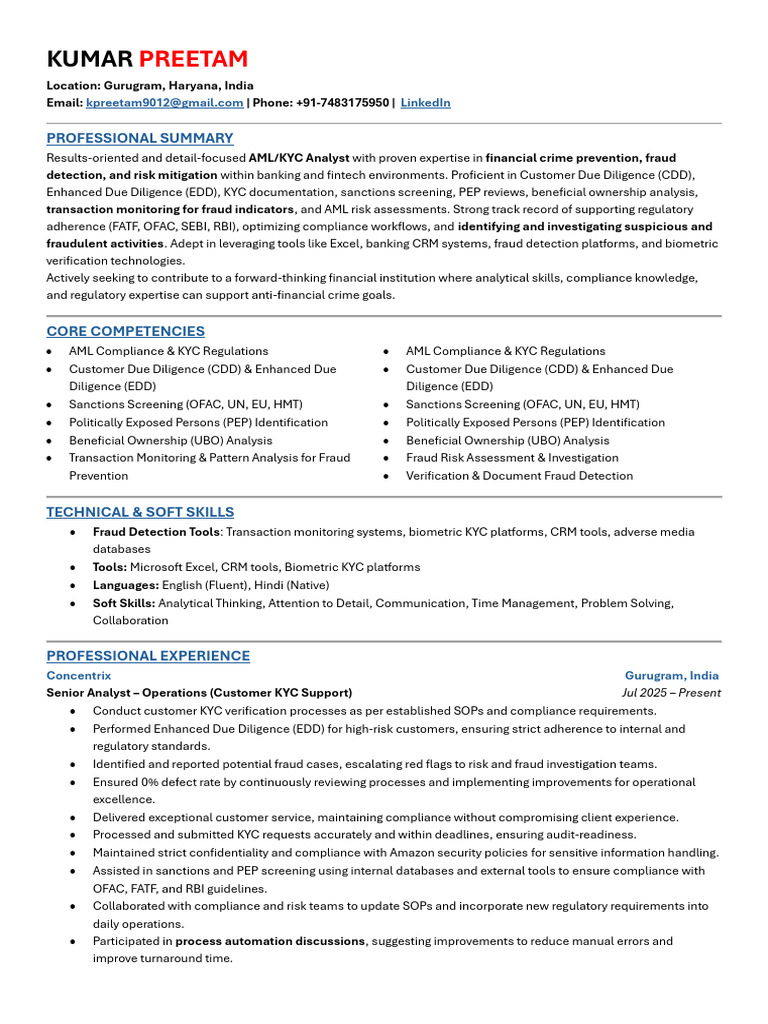 AML/KYC Analyst Profile - Kumar Preetam | PDF | Regulatory Compliance ...