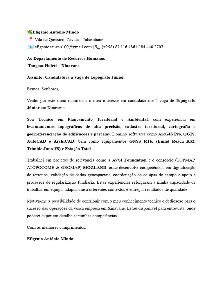 Candidatura para Topógrafo Júnior em Xinavane | PDF | Dados e ...