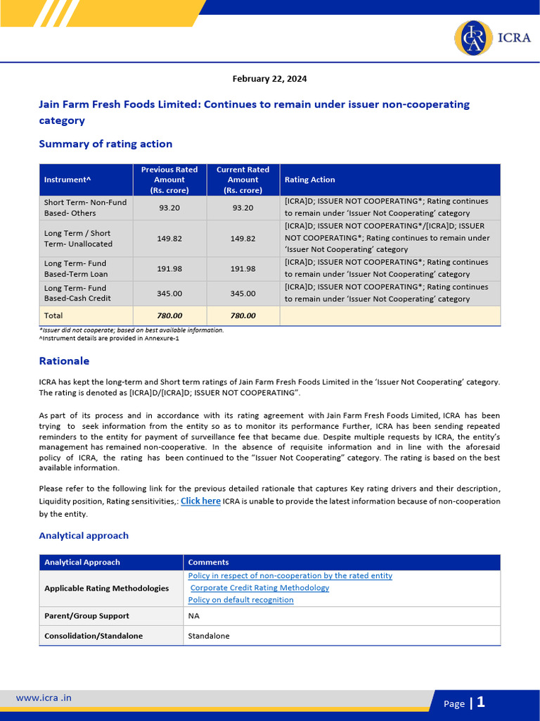 Jain Farm Fresh Foods Rating Update | PDF | Securitization | Business
