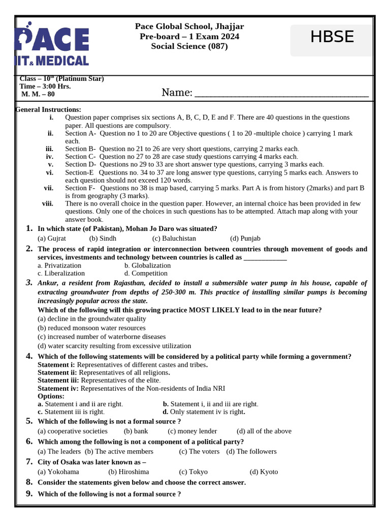Preboard-1 10th Platinum Star HBSE | PDF | Economies