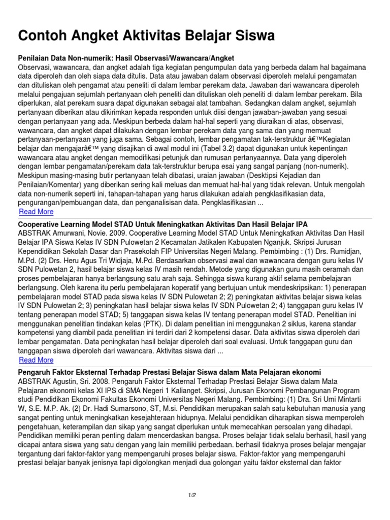 Contoh Angket Aktivitas Belajar Siswa | PDF