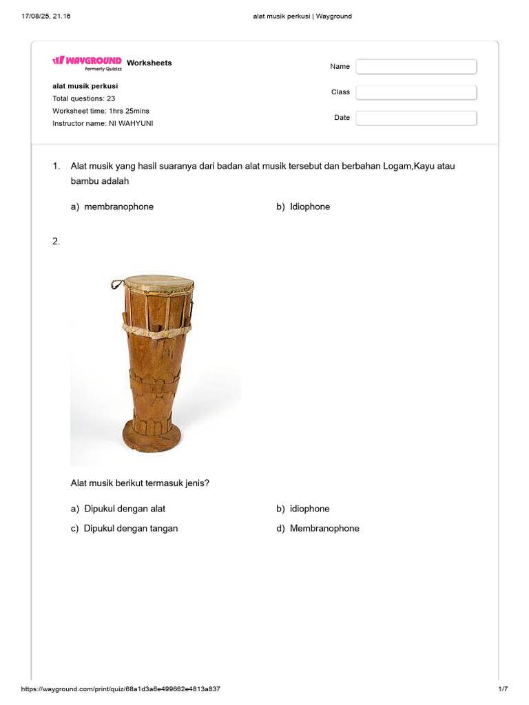 Worksheet Alat Musik Perkusi | PDF
