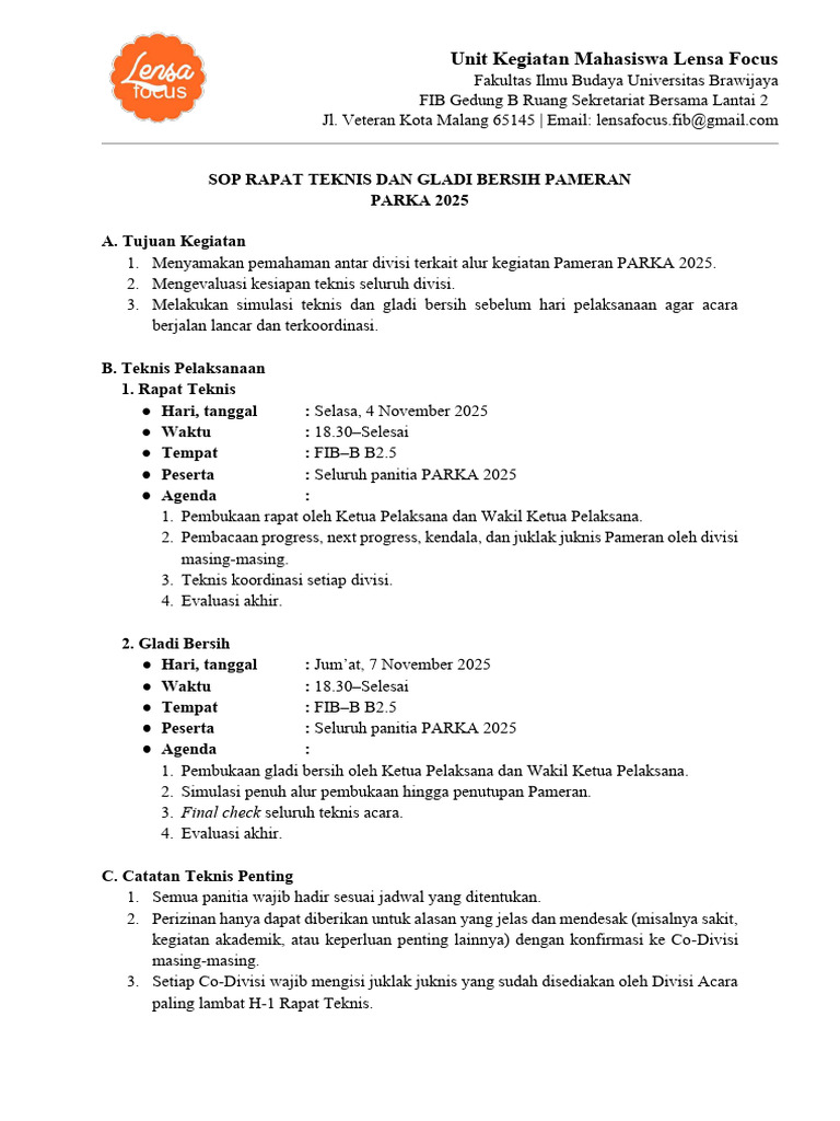 Sop Rapat Teknis Dan Gladi Bersih Pameran Parka 2025 | PDF