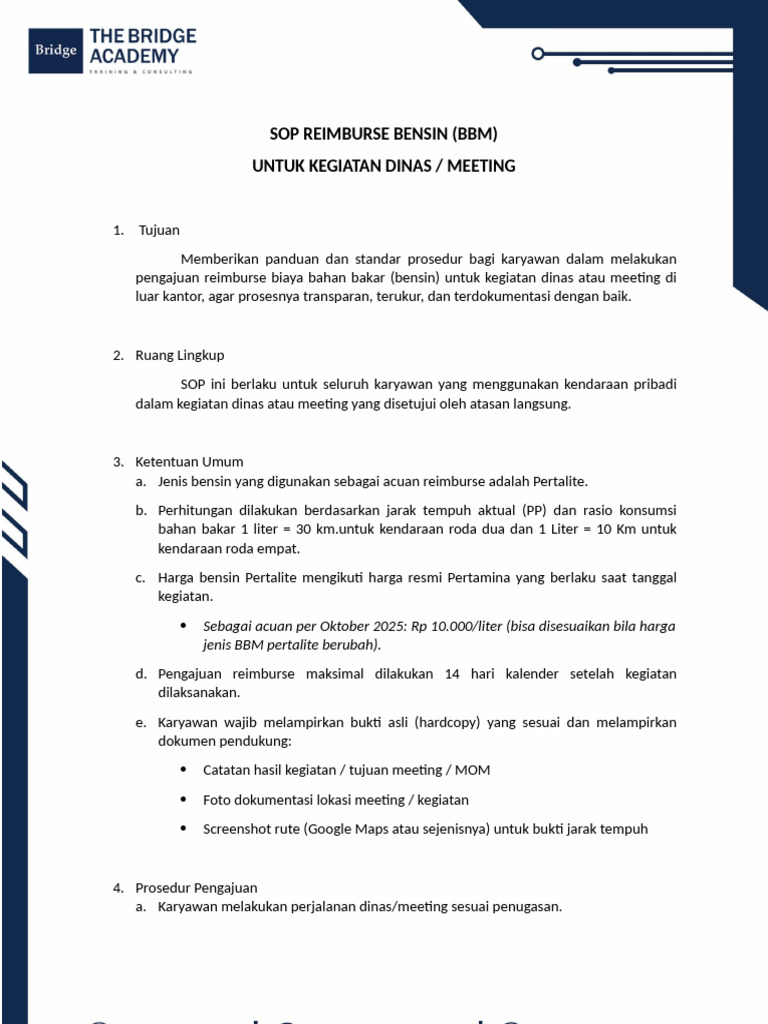 SOP Reimburse Bensin untuk Dinas | PDF