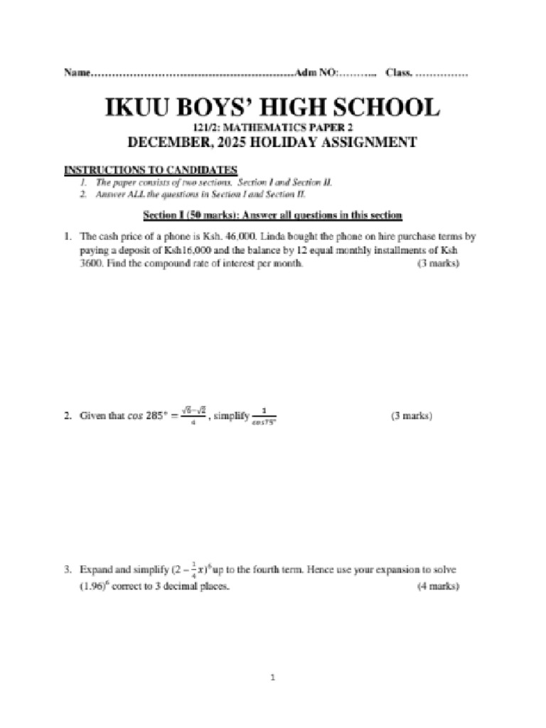Mathematics December Holiday Assignment 2025 | PDF