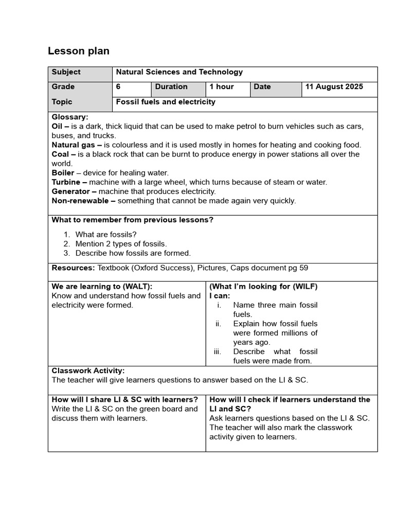 Fossil Fuels and Electricity Lesson Plan | PDF | Fuels | Natural Gas