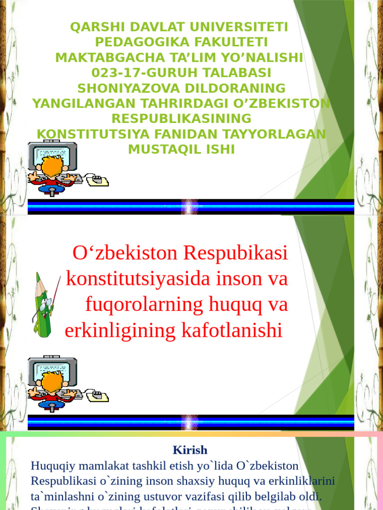 6 O Zbekiston Respubikasi Konstitutsiyasida Inson Va Fuqorolarning | PDF