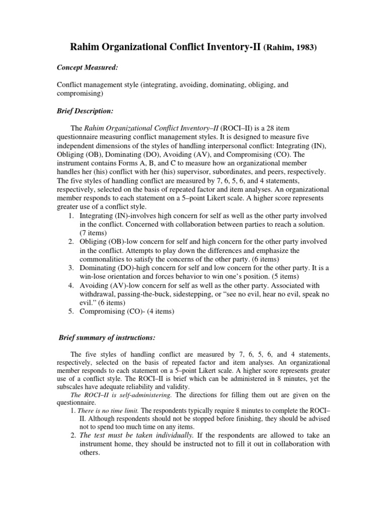 Rahim Organizational Conflict Inventory | PDF | Psychometrics ...