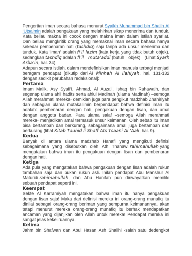 Pengertian Iman Secara Bahasa Menurut | PDF