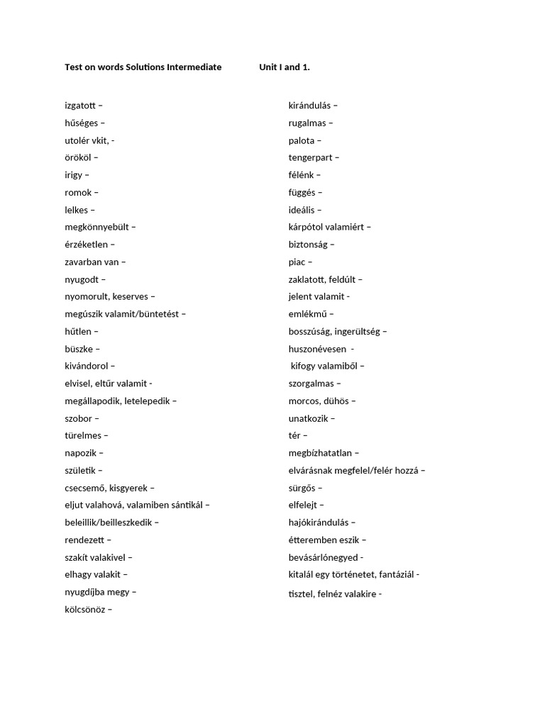 Test On Words Solutions IntermediateUnit I and 1 | PDF