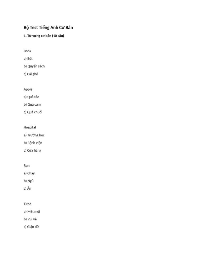 Bộ Test Tiếng Anh Cơ Bản | PDF