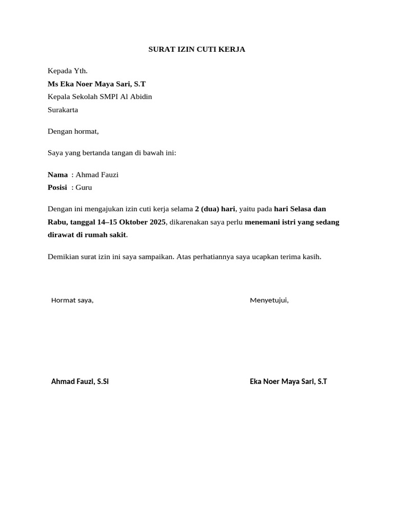 Surat Izin Cuti Kerja Ahmad Fauzi | PDF