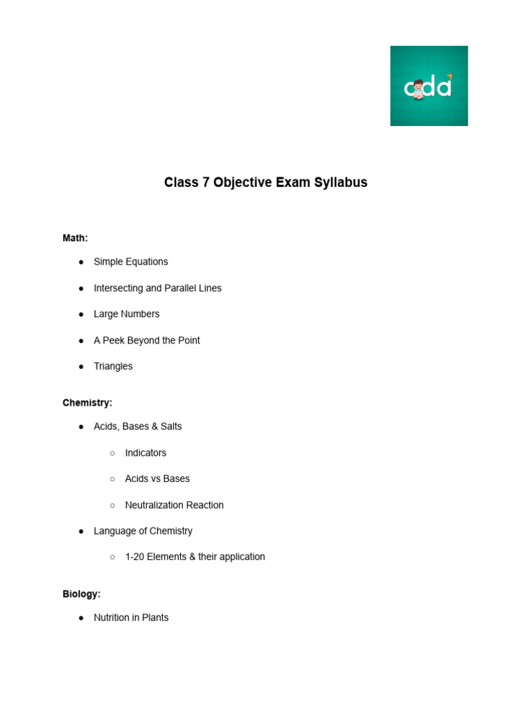 Class 7 Objective Exam Syllabus | PDF