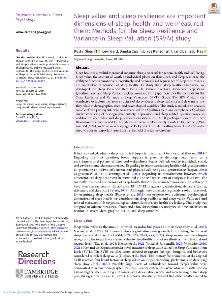 Sleep Value and Sleep Resilience Are Important Dimensions of Sleep ...