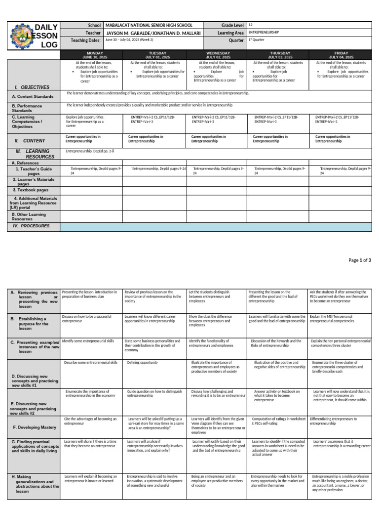 Entrepreneurship Career Opportunities Log | PDF | Entrepreneurship ...