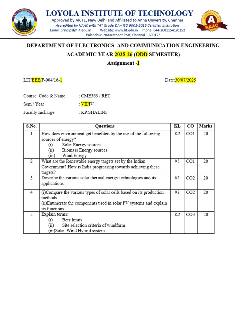 Assignment 1 RET | PDF | Environmental Technology | Energy Conversion