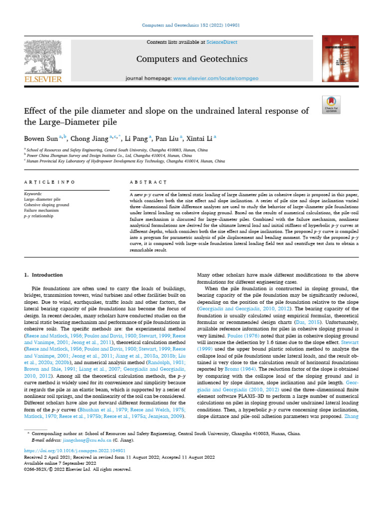 2022 Effect of The Pile Diameter and Slope On The Undrained Lateral ...