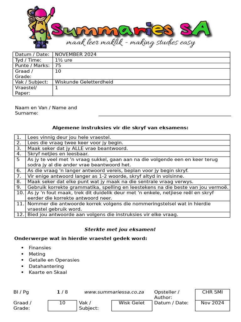 Graad 10 Wiskunde Geletterdheid WISK GELET November Vraestel 1 en Memo ...