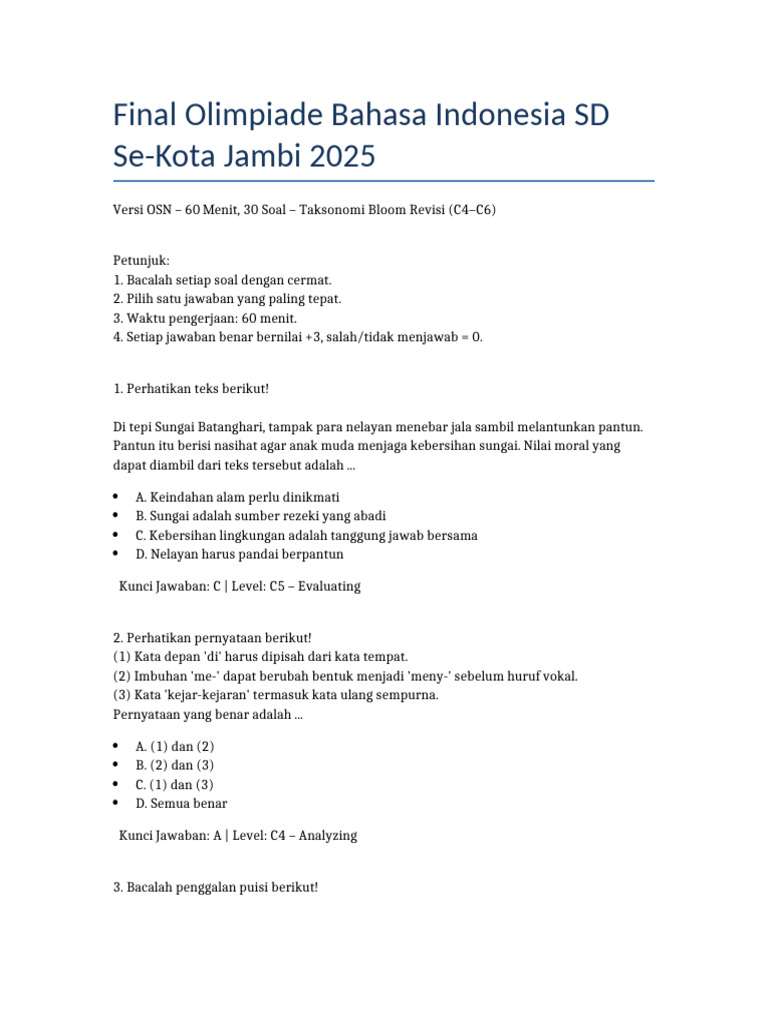 Soal Final Olimpiade Bahasa Indonesia SD | PDF