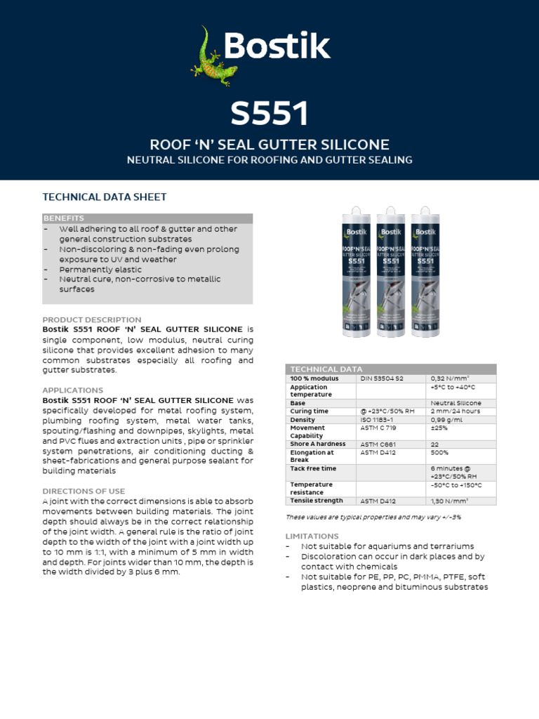 Bostik S551 Gutter Silicone Data Sheet | PDF | Silicone | Materials