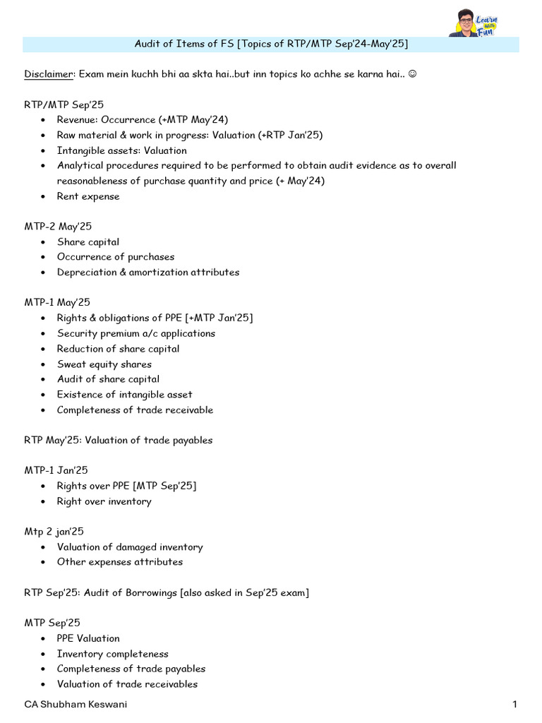 RTPMTP Topics - Audit of Items of FS | PDF